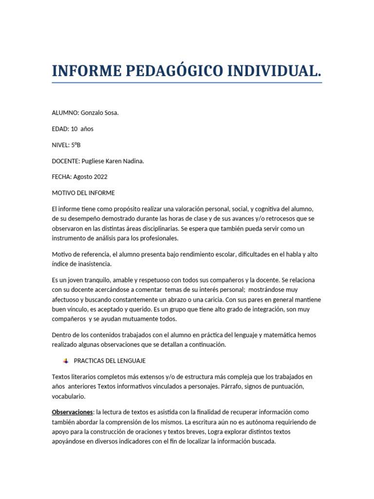 Informe Pedagógico Individual | PDF | Aprendizaje | Escritura