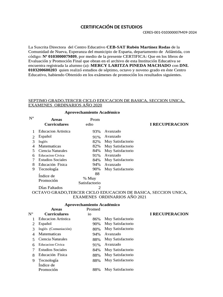 Certificación de Estudios de Mercy Pineda | PDF | Science
