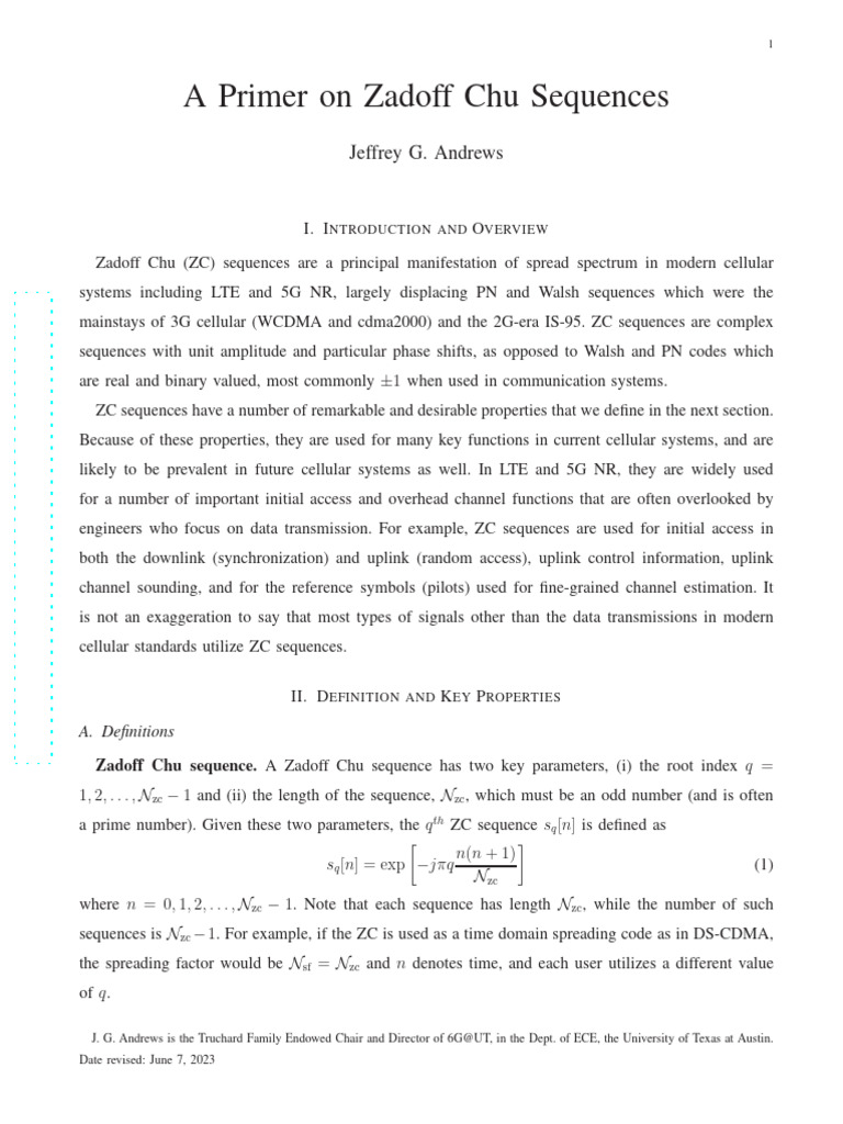 Paper A Primer On Zadoff Chu Sequences Pdf Discrete Fourier