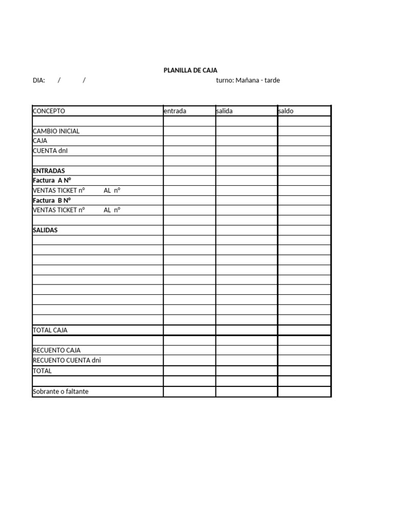 Planilla de Caja Diaria | PDF