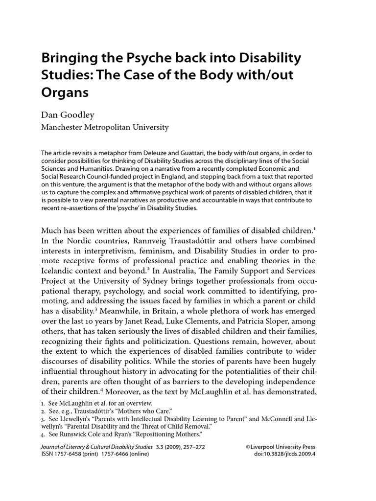 2009 - Bringing The Psyche Back Into Disability Studies. The Case of ...