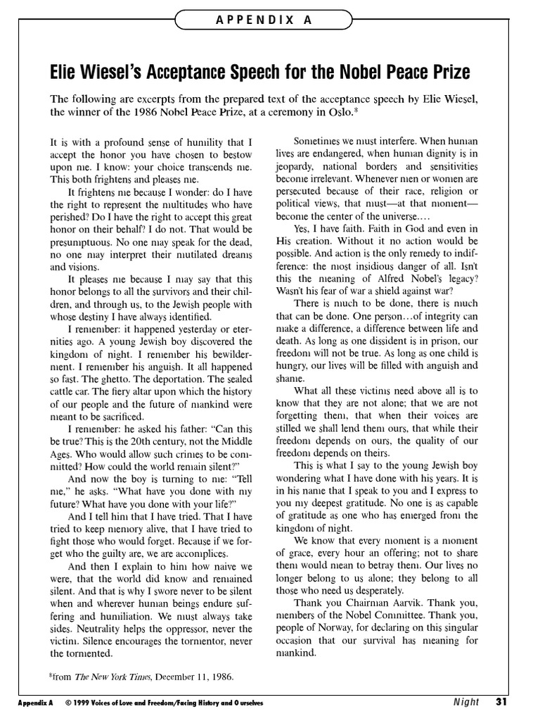 Elie Wiesel Speech | PDF
