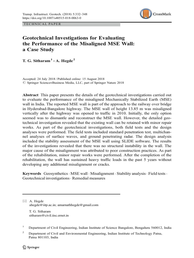 Geotechnical Investigations For Evaluating The Performance of The Misaligned MSE Wall: A Case ...