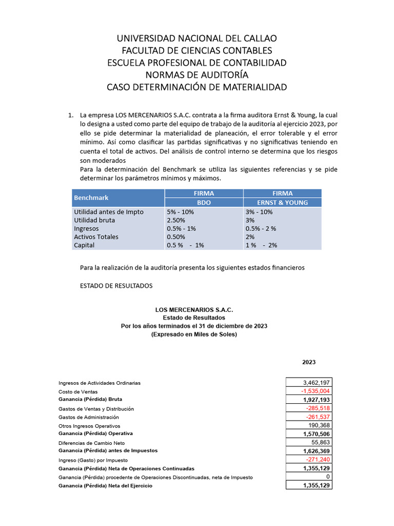 Caso Determinacion de Materialidad-2 | PDF | Estado de resultados | Economía Financiera