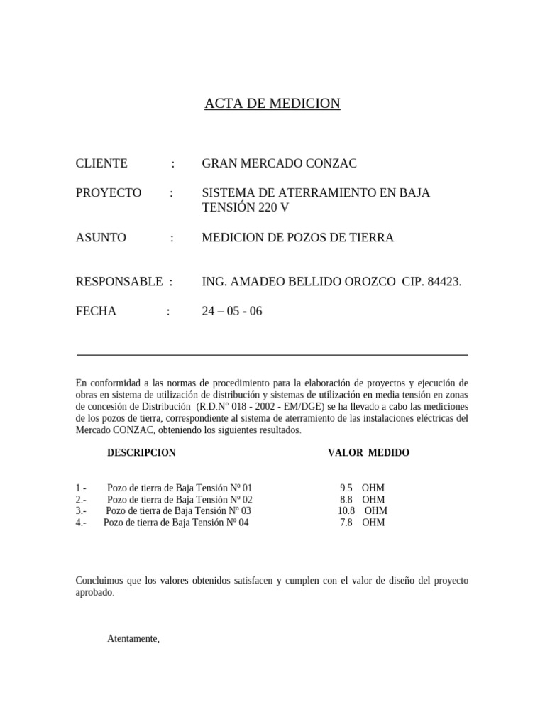 Acta Medición Pozo Tierra Conzac | PDF | Tecnología e ingeniería
