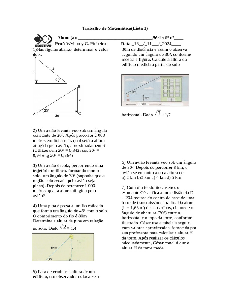 Revisão de Matemática 9 Novembro 2024 Lista 1 | PDF