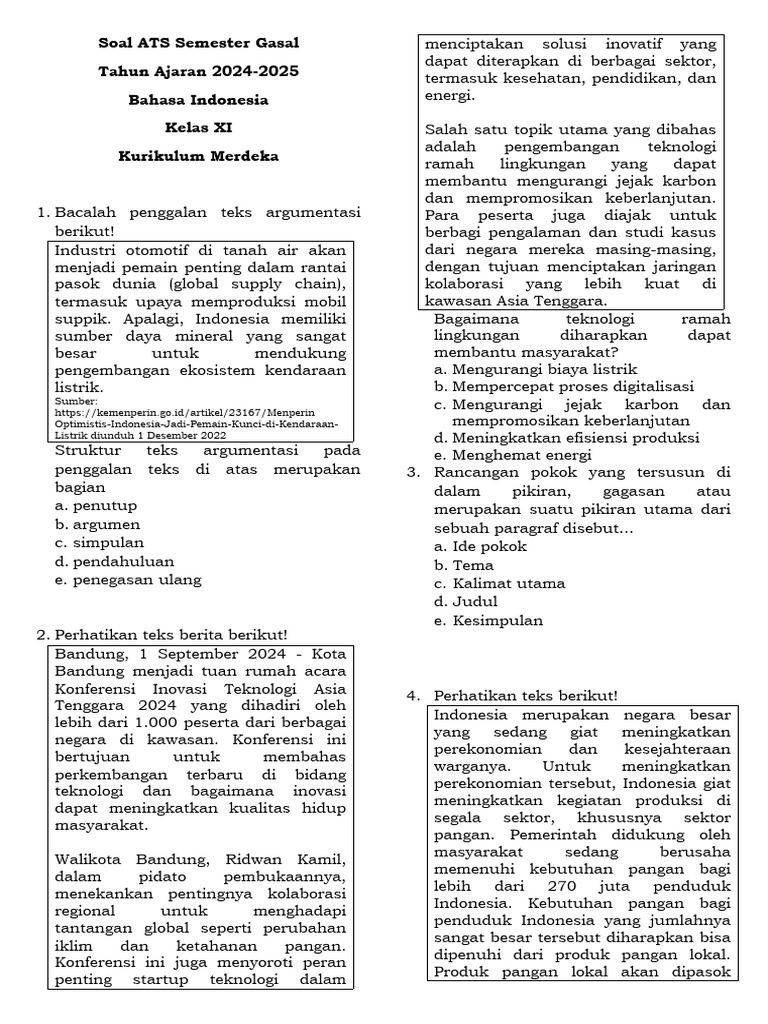 Soal ATS Bahasa Indonesia Kelas XI (Revisi) | PDF | Sains & Matematika