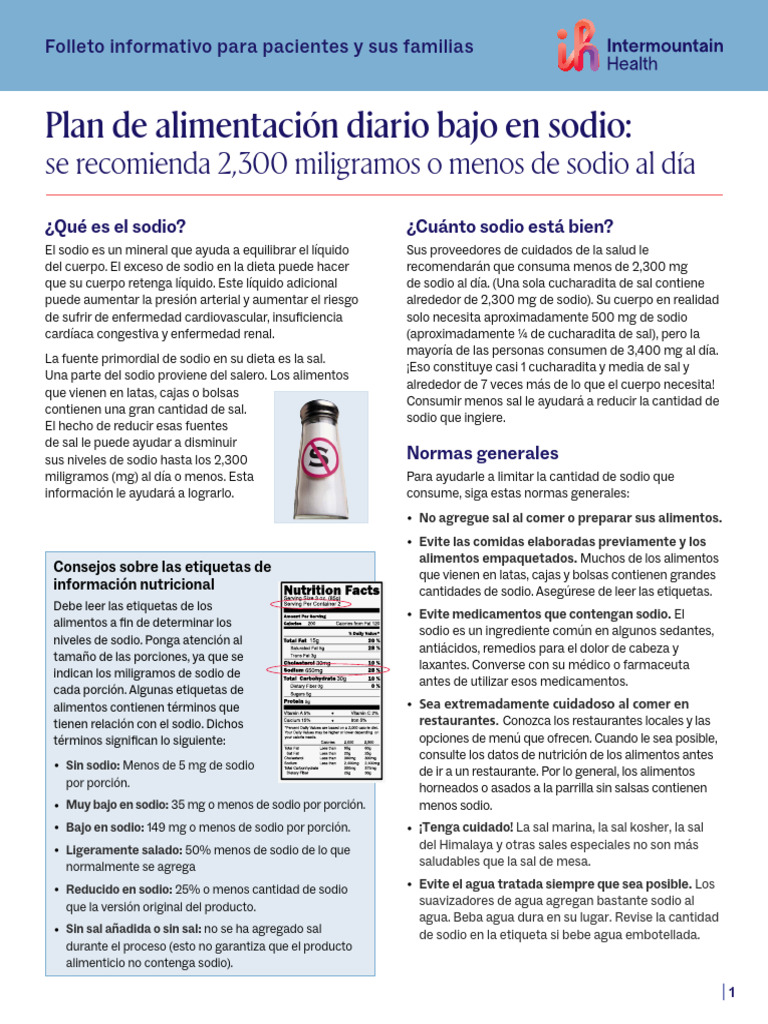 Managing Your Sodium Goals Aim For 2300 Milligrams or Less Fact Sheet ...