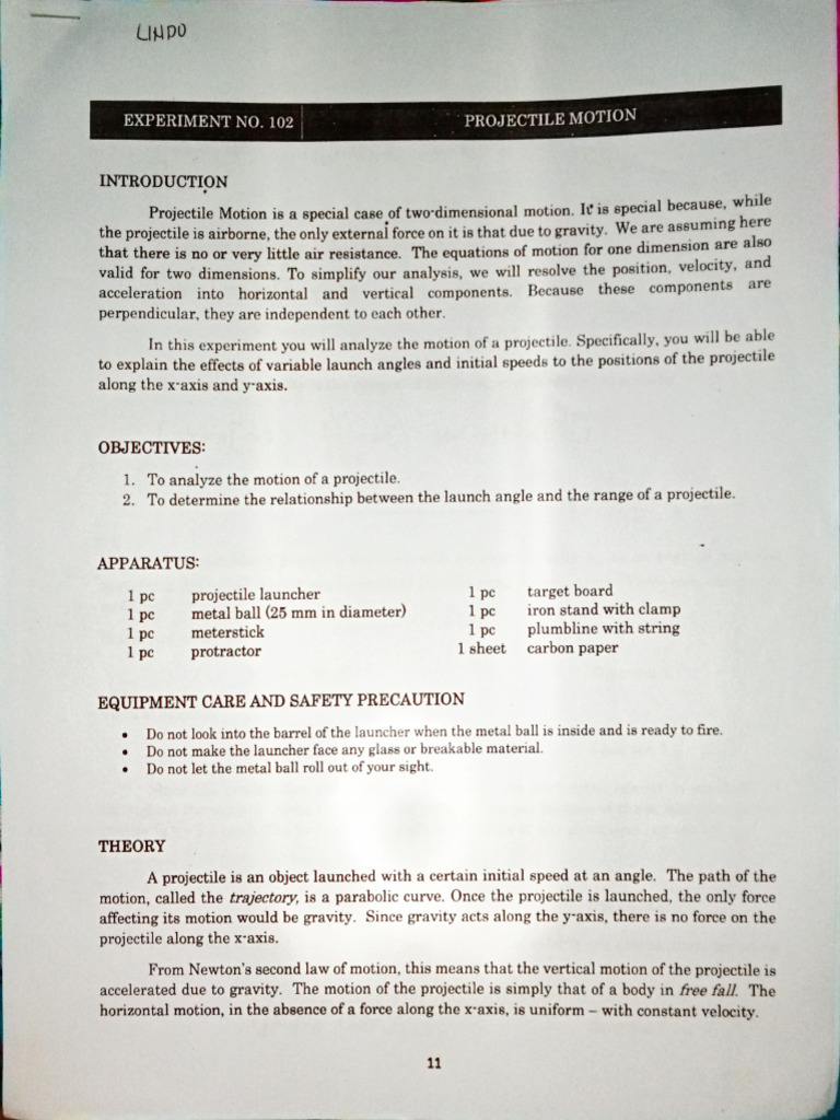 Experiment 2 Projectile Motion | PDF