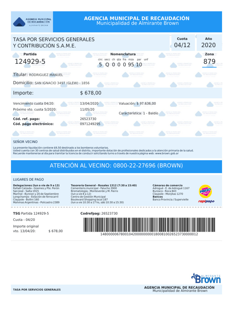 Boleta de Impuesto Municipal Almirante Brown | PDF