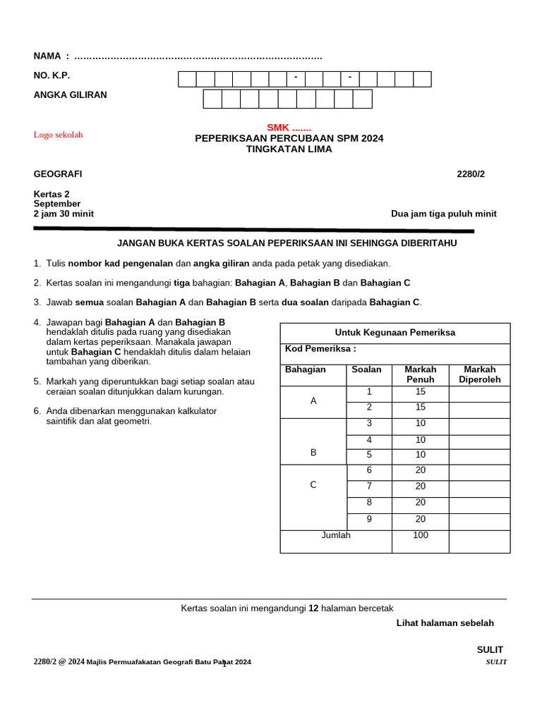 Percubaan SPM 2024 Geografi K2 | PDF
