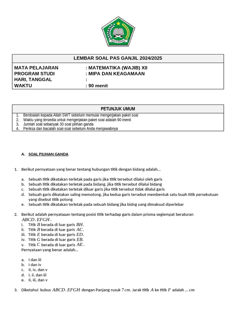 Soal PAS MTK Wajib Kls XII 2024 | PDF