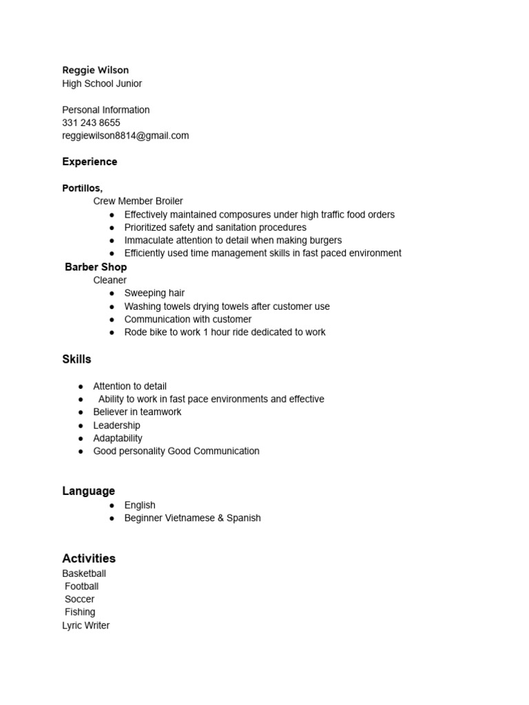 High School Junior's Work Experience | PDF