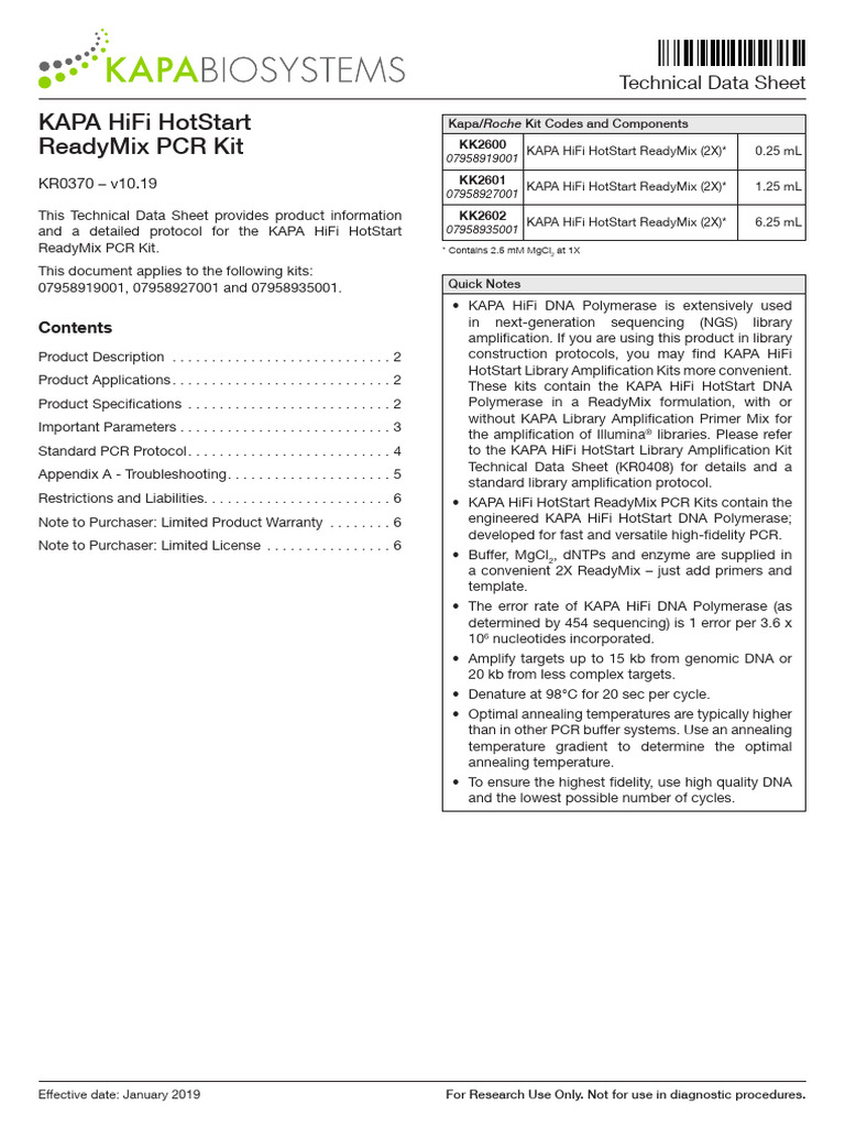 KAPA HiFi HotStart ReadyMix PCR Kit Technical Data Sheet | PDF ...