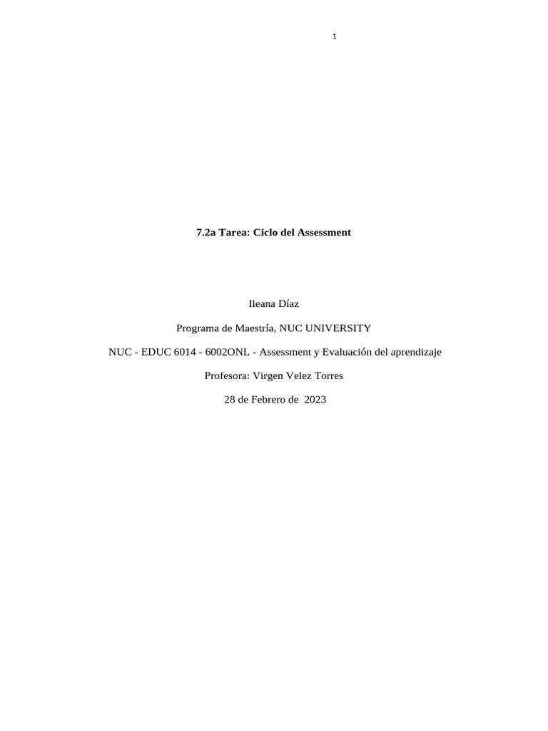 NURS 6014 TAREA 7.2a Ciclo Del Assessment I. DIAZ | PDF | Evaluación | Enseñando
