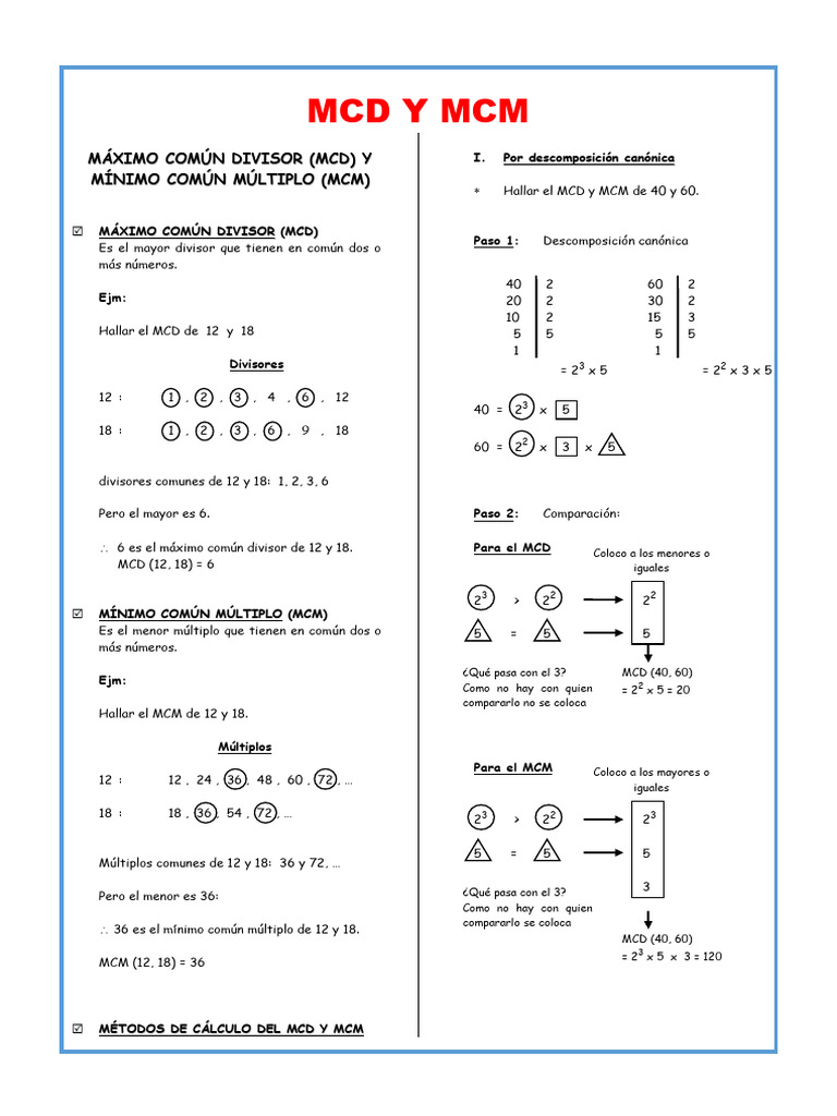 Guía de MCD y MCM: Cálculo y Ejercicios | PDF | Matemática Elemental | Teoría de los números