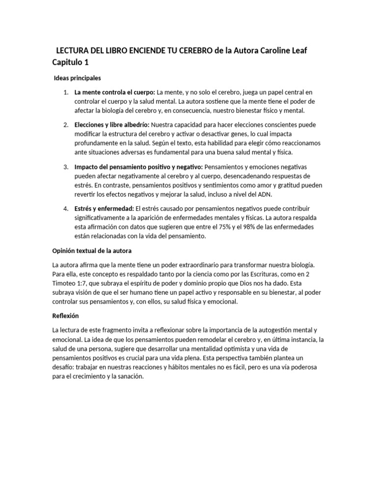 Lectura Del Libro Enciende Tu Cerebro De La Autora Caroline Leaf