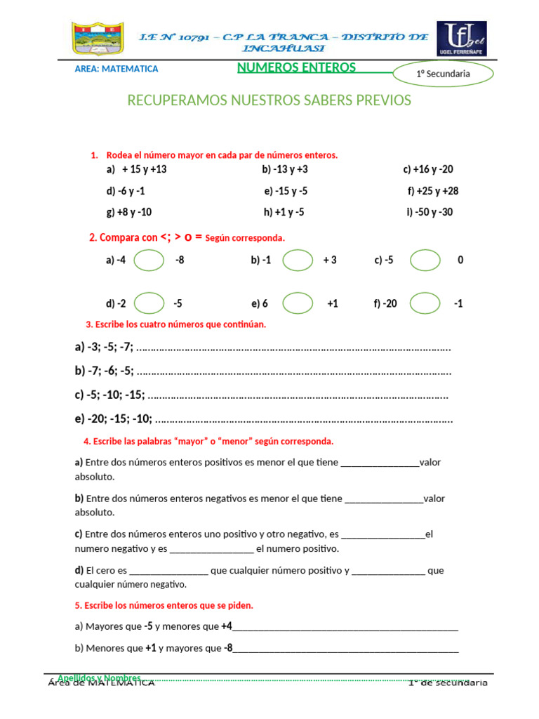 Ficha de Saberes Previos 1° | PDF | Entero | Cognición