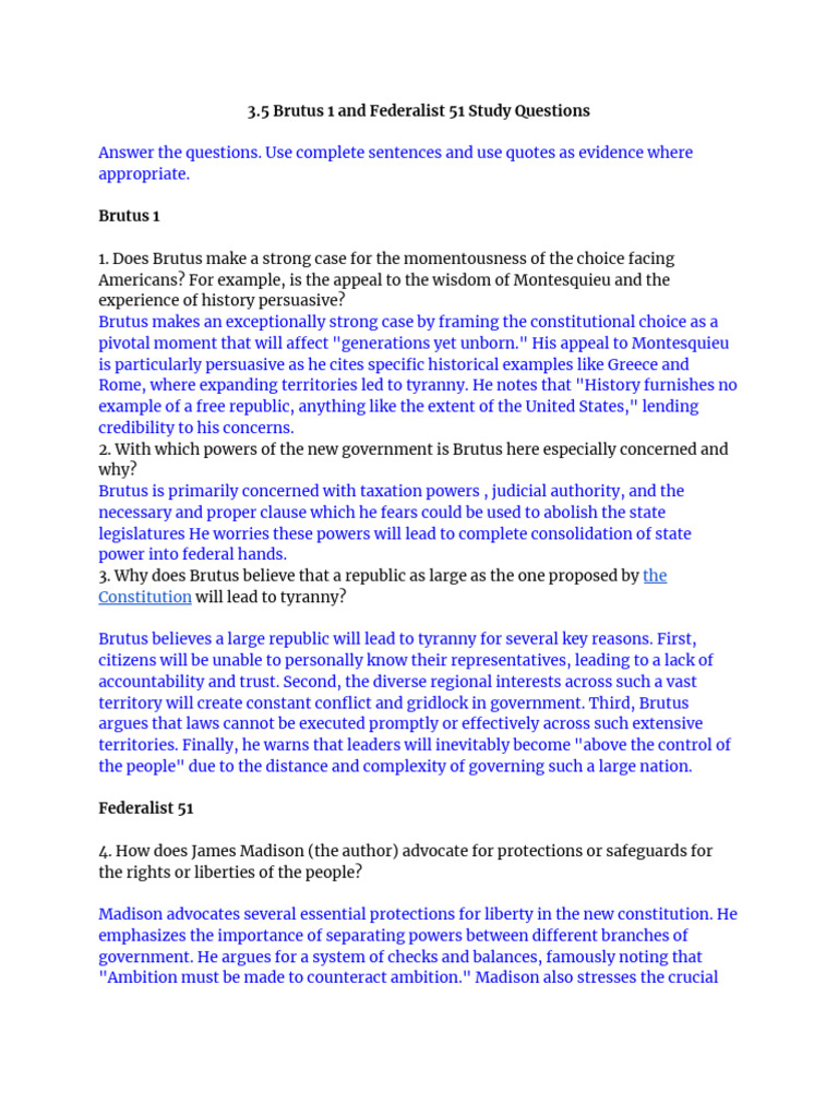 3.5 Brutus 1 and Federalist 51 Study Questions | PDF | Federalism ...