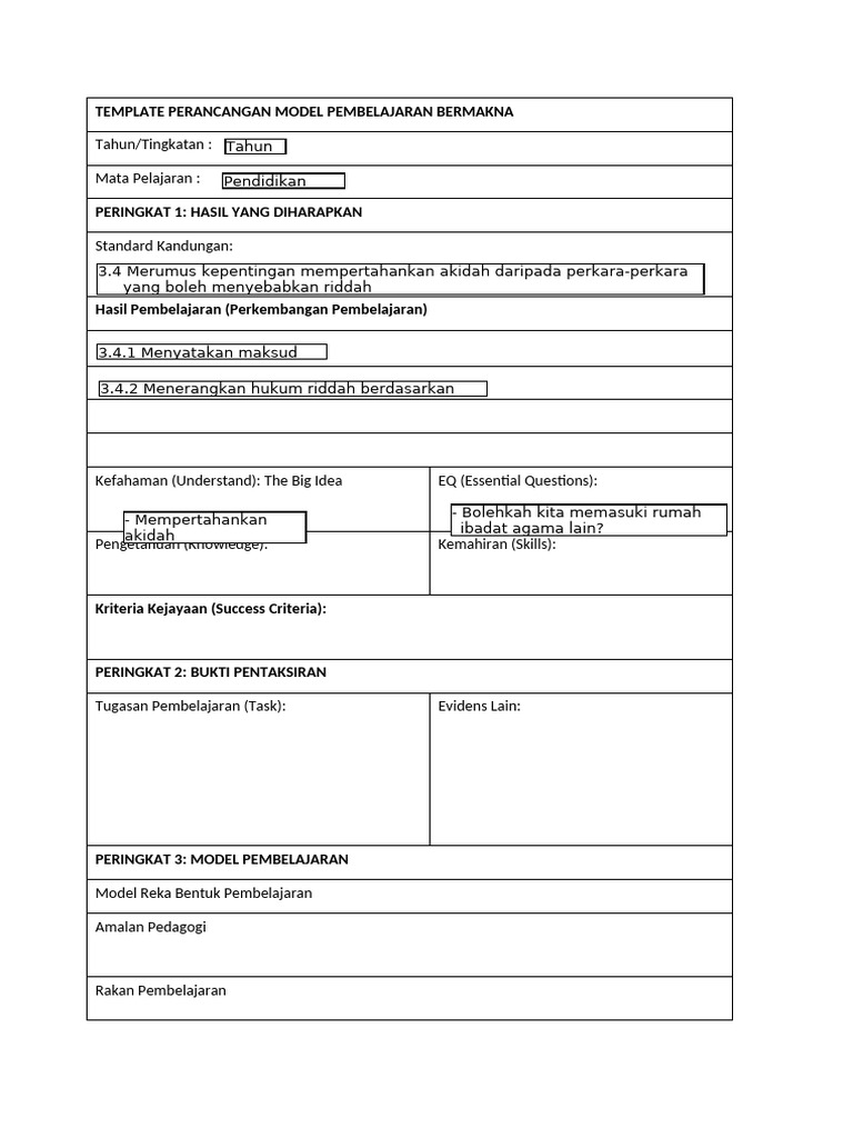Template Perancangan Model Bermakna (RPH) | PDF