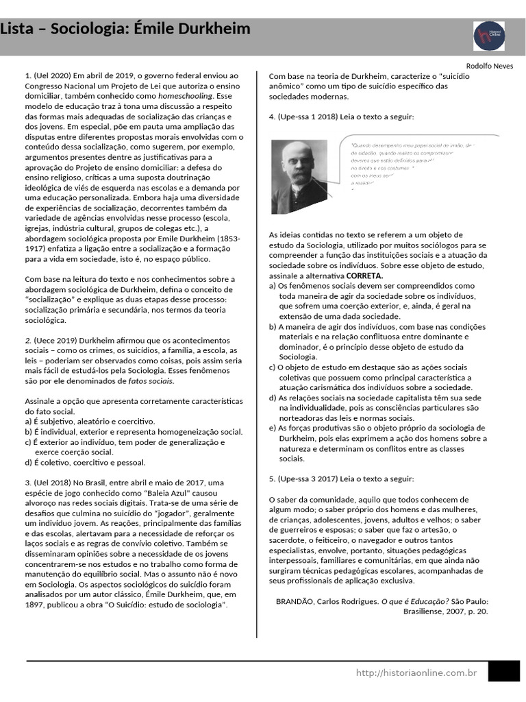 Questões Durkheim | PDF | Sociologia | Émile Durkheim