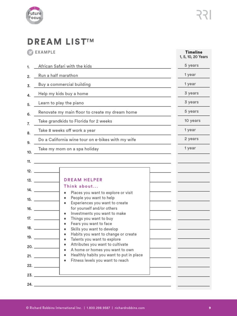 Dream List Worksheet for Life Goals | PDF