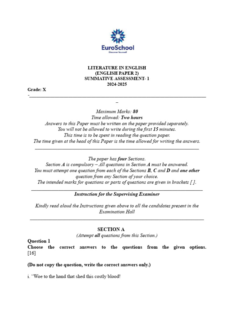 ICSE Grade 10 English Literature Paper 2025 | PDF | Mark Antony ...