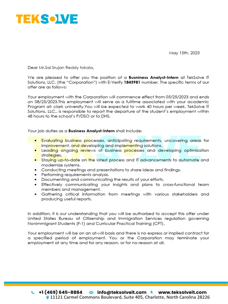 Offer Letter - Sai Srujan Reddy Tokala | PDF | E Verify | Business