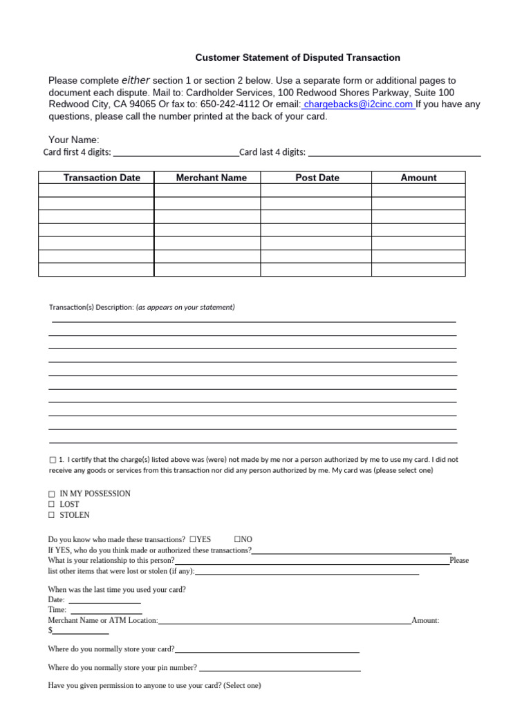 Disputed Transaction Form | PDF | Credit Card | Business
