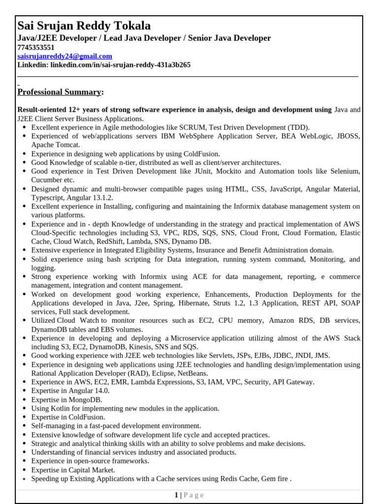 Sai Srujan Reddy Tokala Resume | PDF | Web Service | Java Script