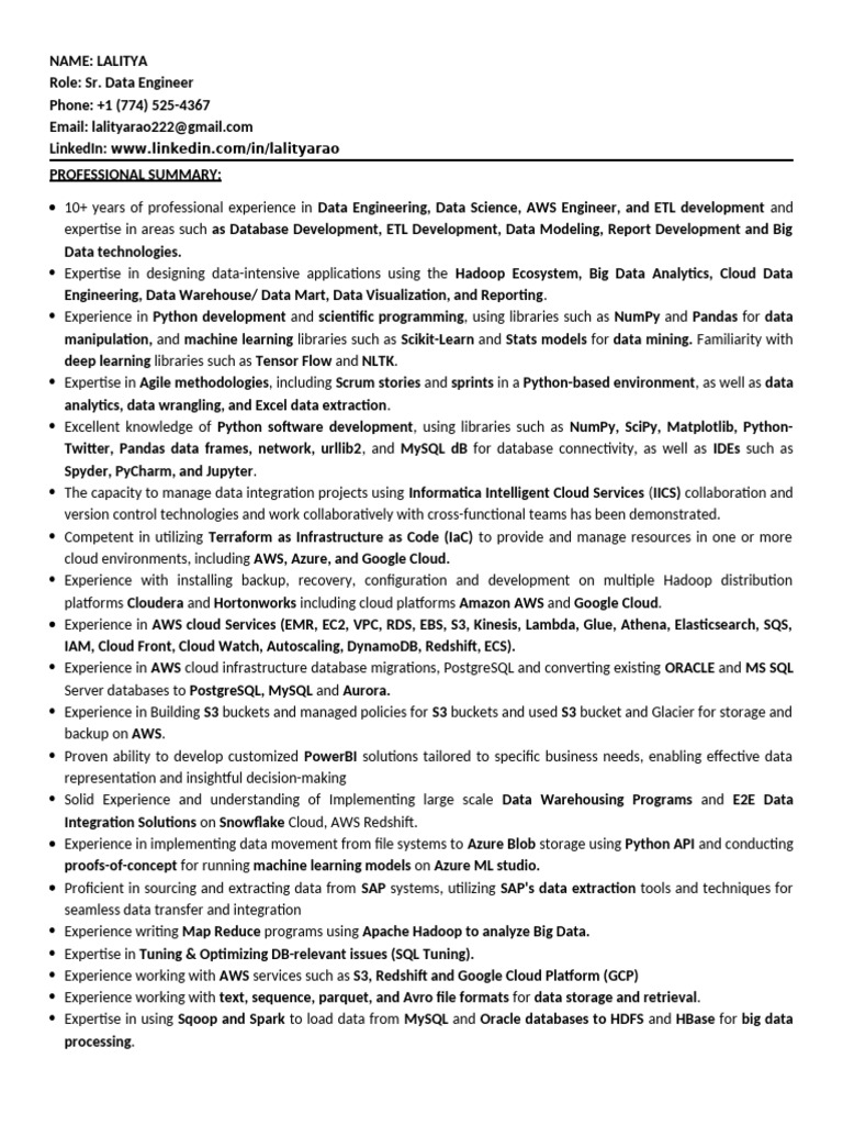 SR Data Engineer - Lalitya Resume | PDF | Apache Spark | Apache Hadoop