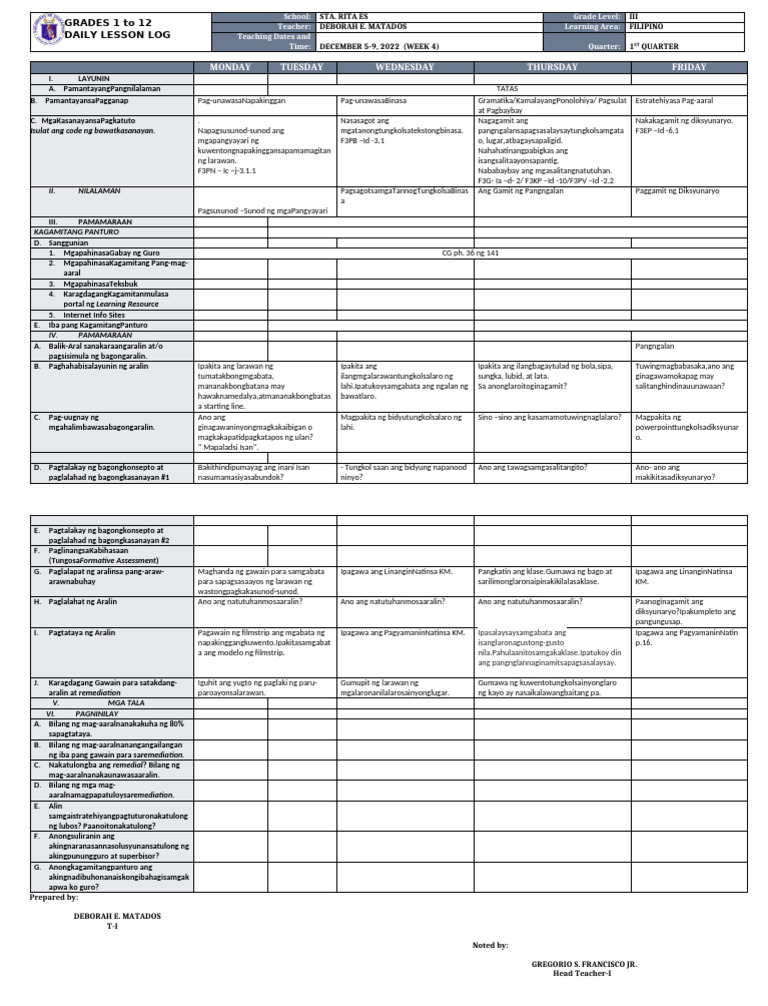 DLL - Filipino 3 - Q1 - W4 | PDF