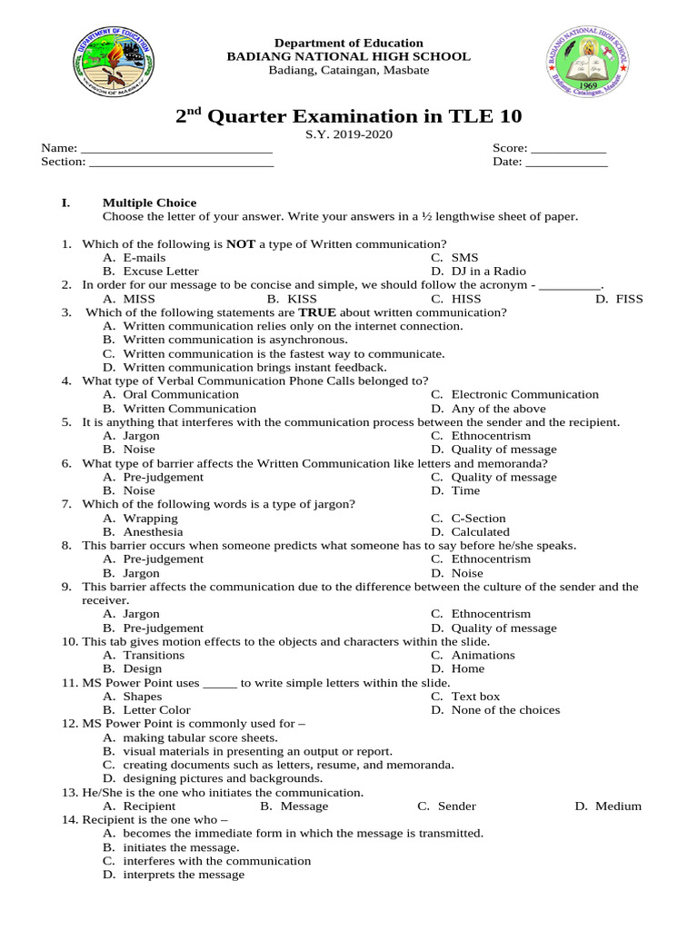 TLE 10 2nd Quarter Exam Guide | PDF | Communication | Linguistics