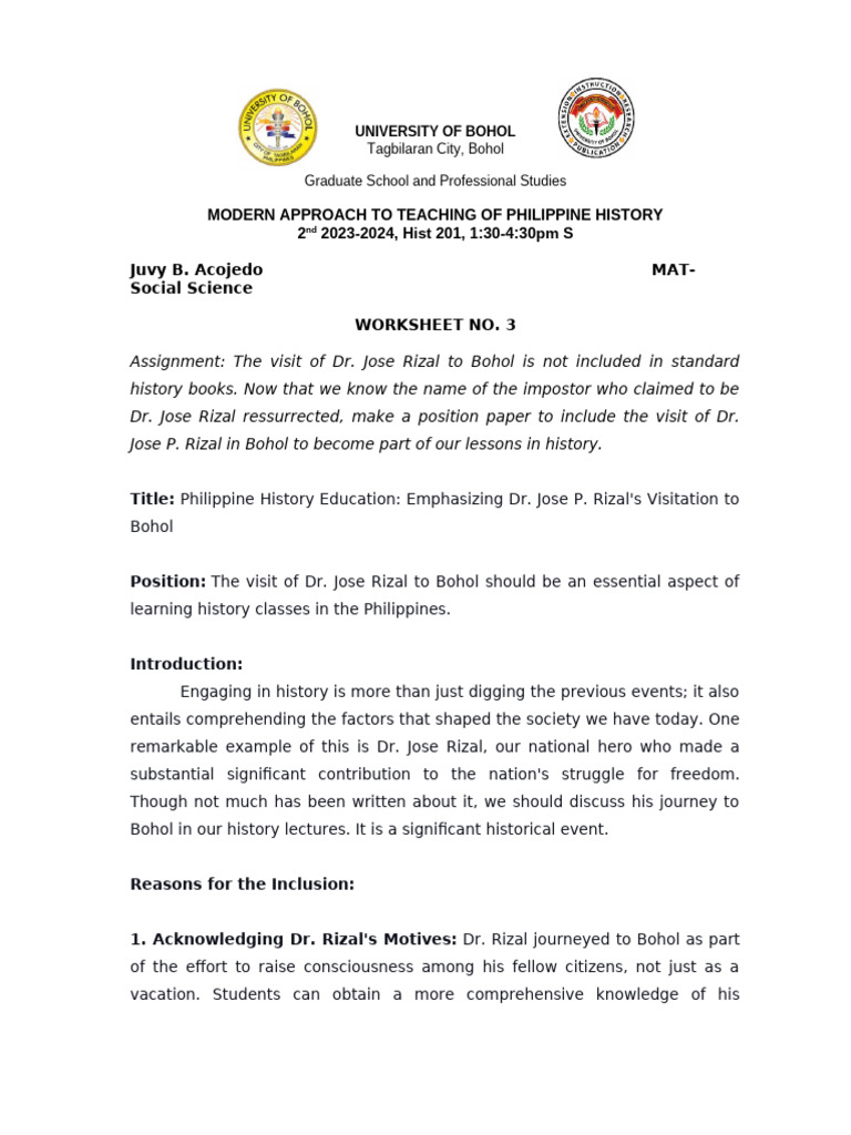 Worksheet No. 3 (Position Paper - Rizal's Visit To Bohol) | PDF | Curriculum | Behavior Modification