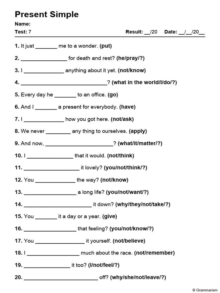 Present Simple Grammar Test | PDF | Language Arts & Discipline | Self ...