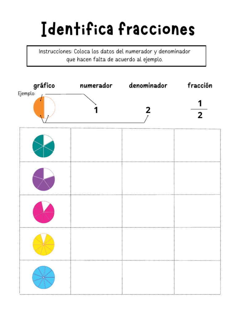 Hoja de Trabajo Matemáticas Fracciones Simple Colorido y Monocromo | PDF