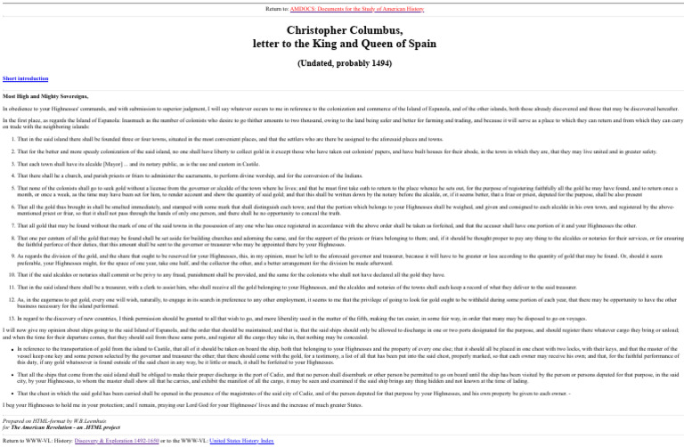 Columbus' Letter on Colonization Plans | PDF