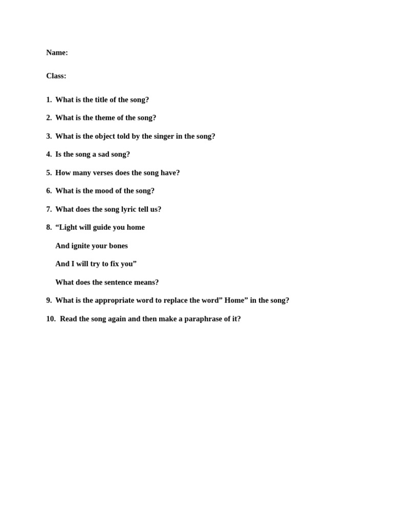 Song Analysis and Interpretation Worksheet | PDF