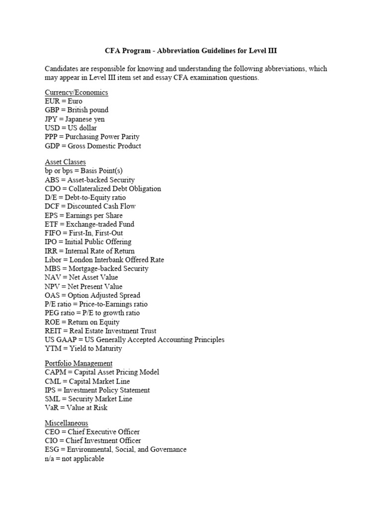 Cfa Program Level III Common Abbreviations | PDF