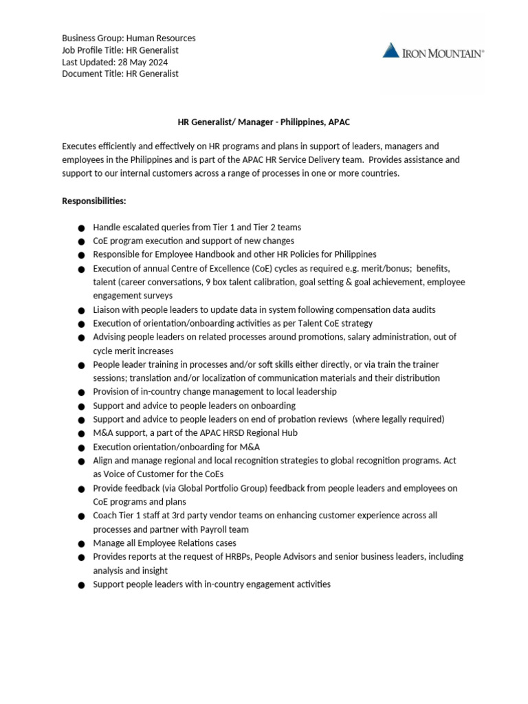 JD - HR Manager (Philippines) - 1 | PDF | Employment | Business Economics