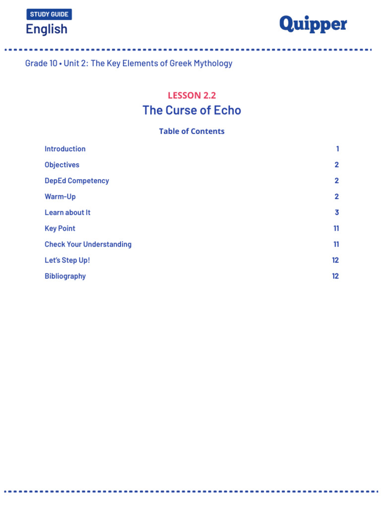 ME Eng 10 Q1 0202 - SG - The Curse of Echo | PDF | Language Arts & Discipline | General Fiction