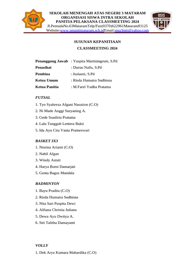 Susunan Kepanitiaan Classmeeting 2024 | PDF