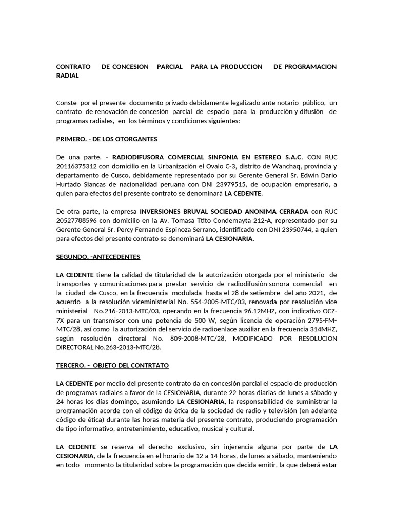 Contrato de Concesion Parcial para La Produccion de Programacion Radial ...