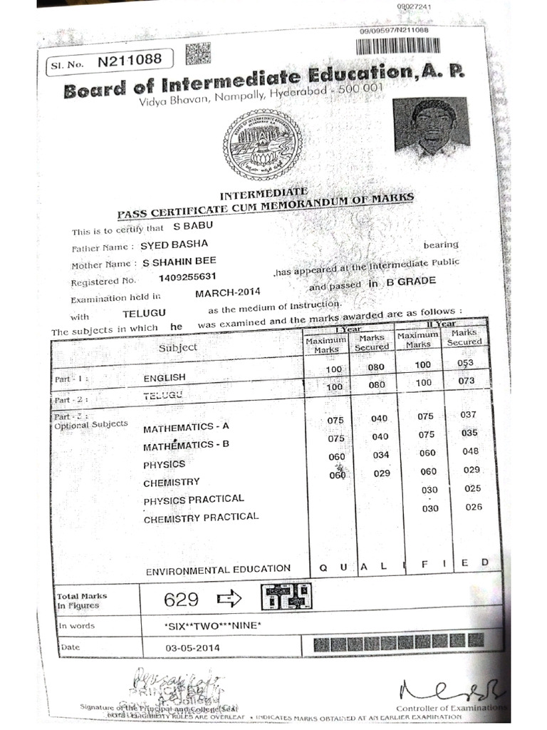 Intermediate Marksheet | PDF