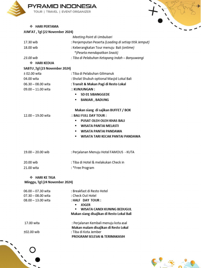 Rundown Tour Bali 3 Hari 1 Malam (K3S Umbulsari) | PDF