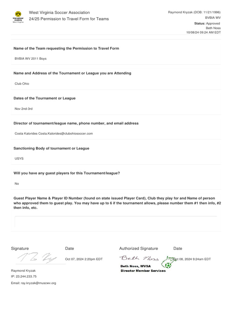 West Virginia Soccer Travel Permission Form | PDF | Law