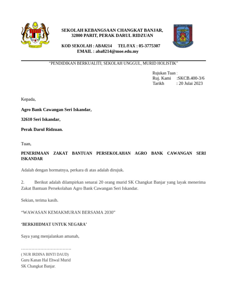 Surat Rasmi SKCB Penerimaan Bantuan Zakat Agro Bank | PDF