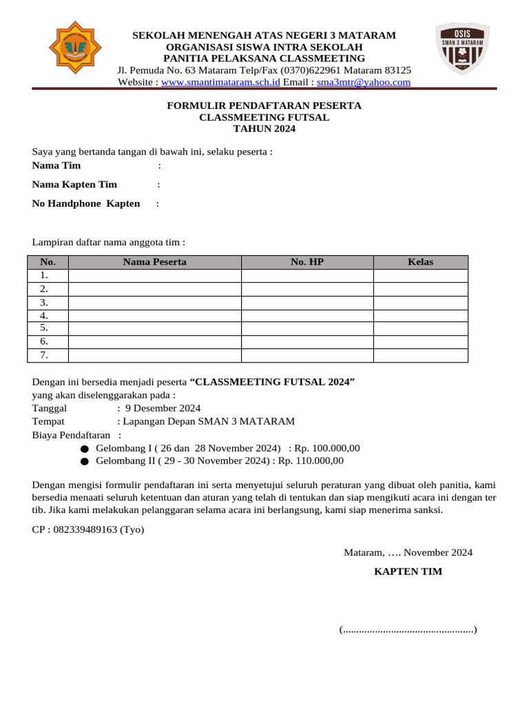Formulir Pendaftaran Futsal 2024 SMAN 3 | PDF