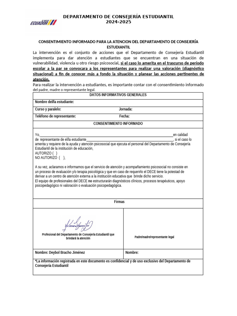 Consentimiento Informado DECE 2024-2025 | PDF | Crecimiento personal y ...