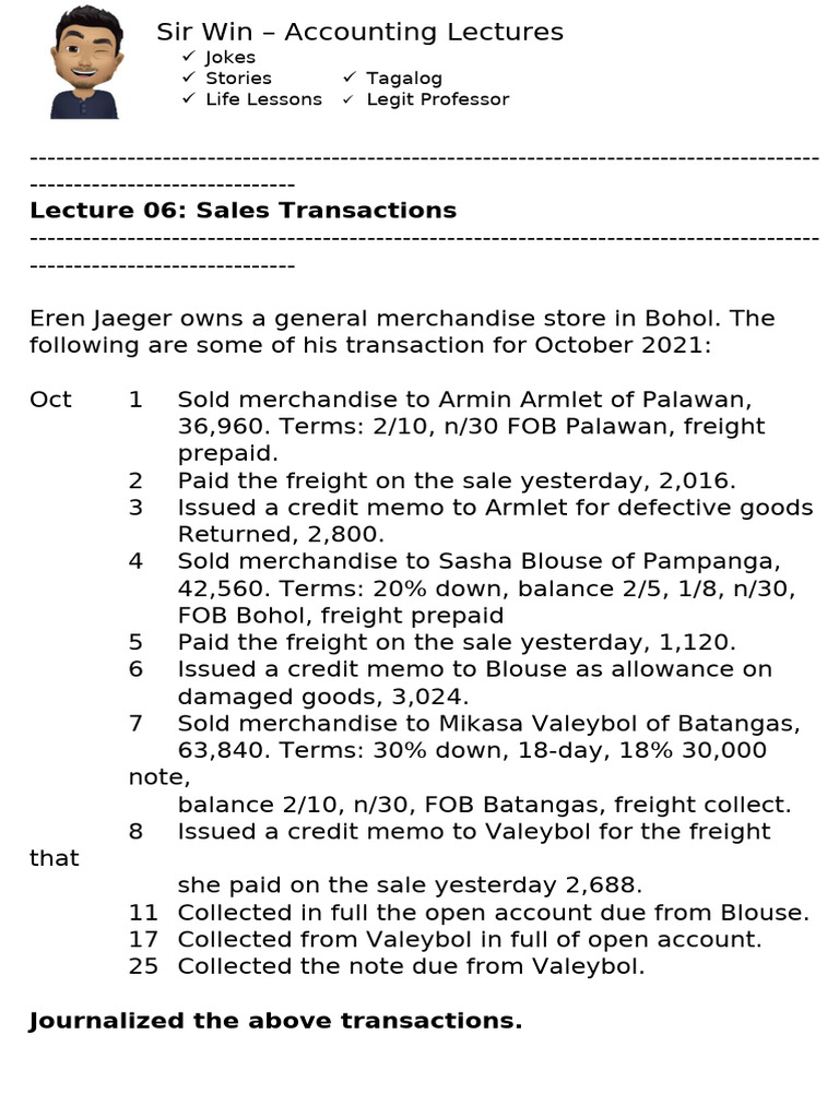 Lecture 06 Sales Transaction | PDF | Business